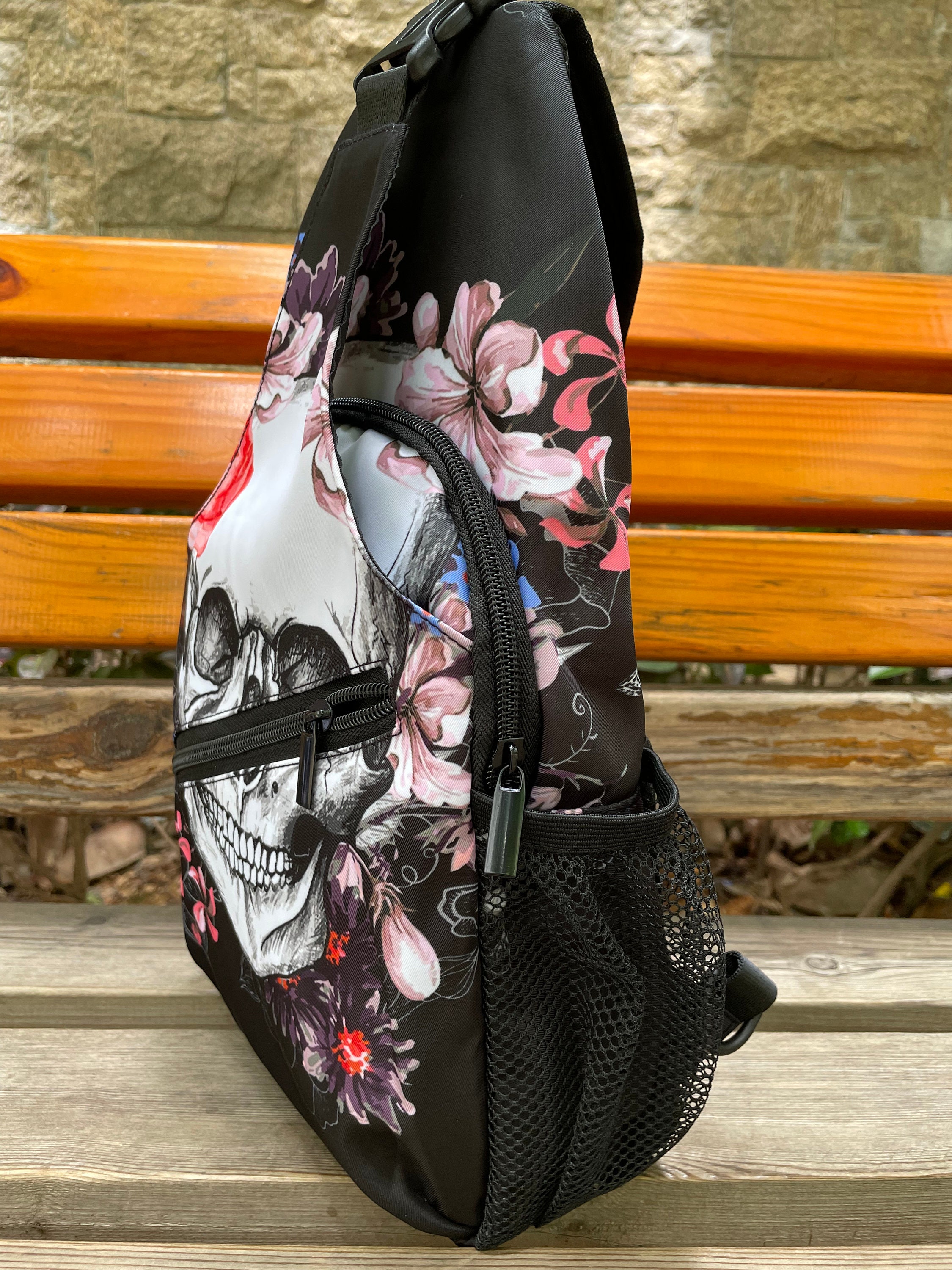 Skull Sling Bag, Floral Skull Sling Backpack, Crossbody Backpack Chest ...