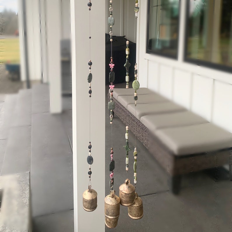 Beaded Sun Catcher/wind Chime, Natural Stones, Rustic Bell, Curvy "s ...