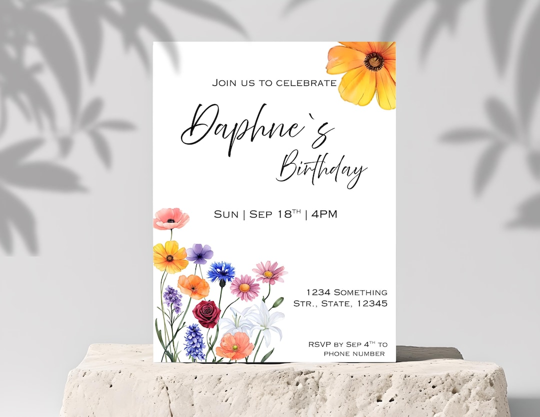 Flower Birthday Invitation, Canva Template, Fully Editable, Spring ...