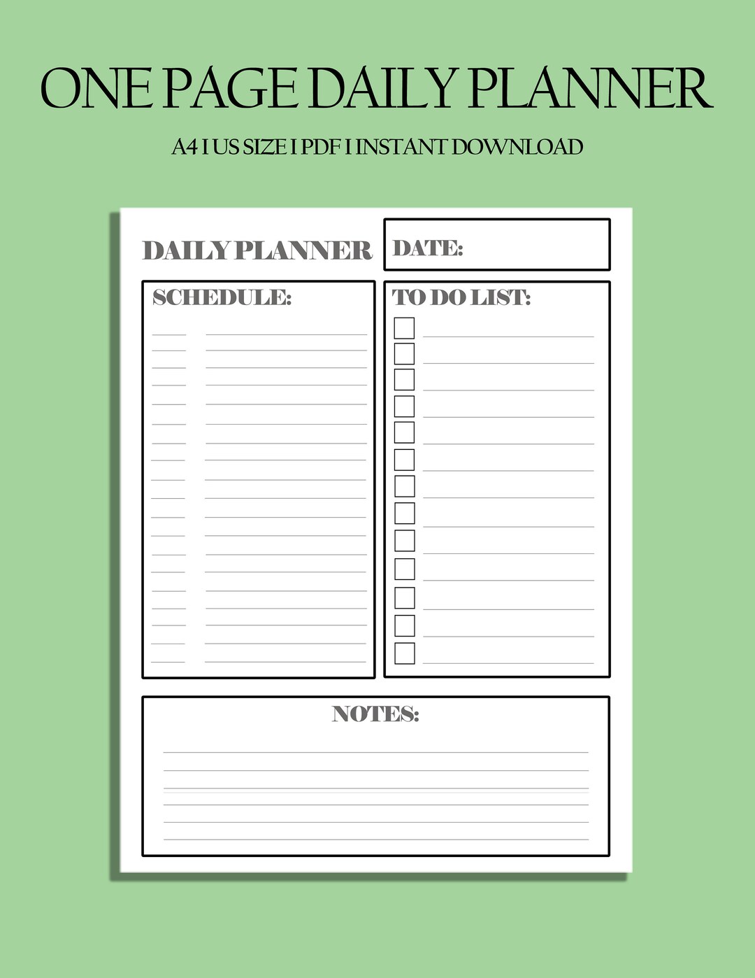 One Page Daily Planner L Digital File Only L PDF File I Instant ...