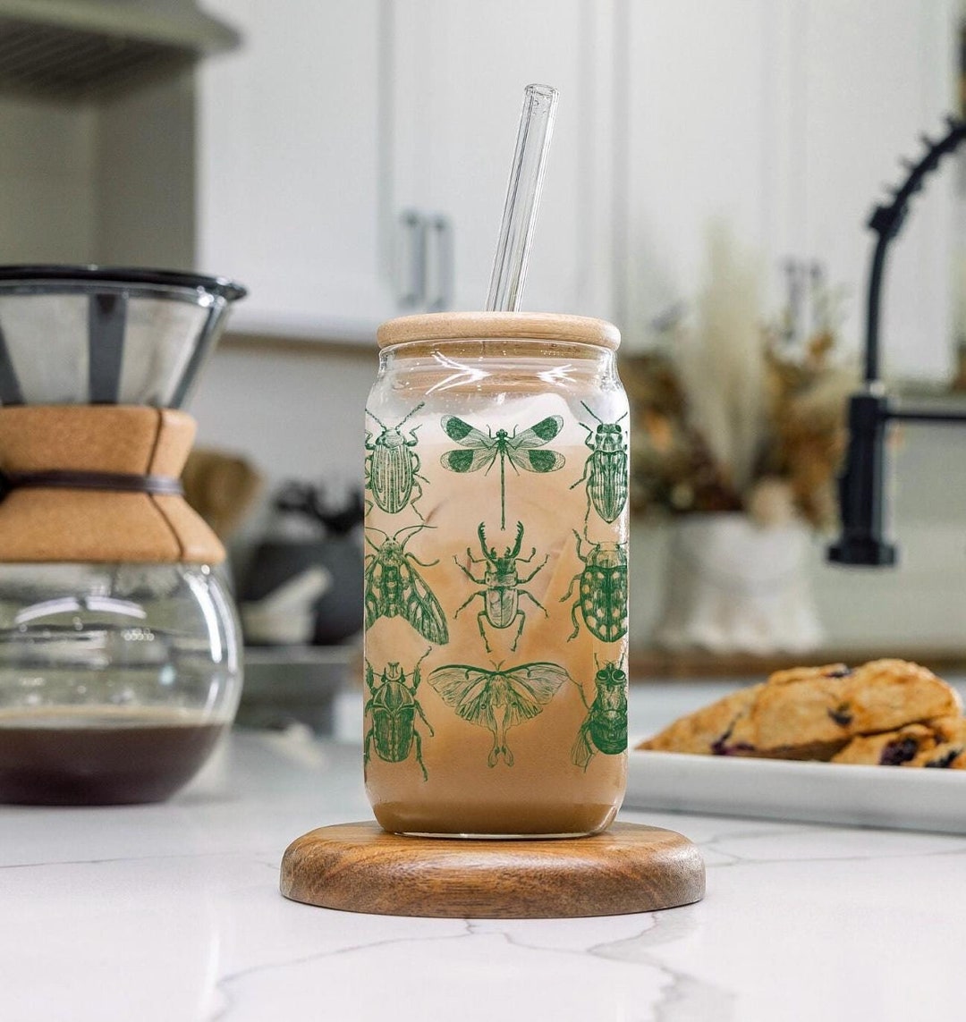 Green Bug Glass Cup With Wooden Lid and Straw Beetle Butterfly Moth ...