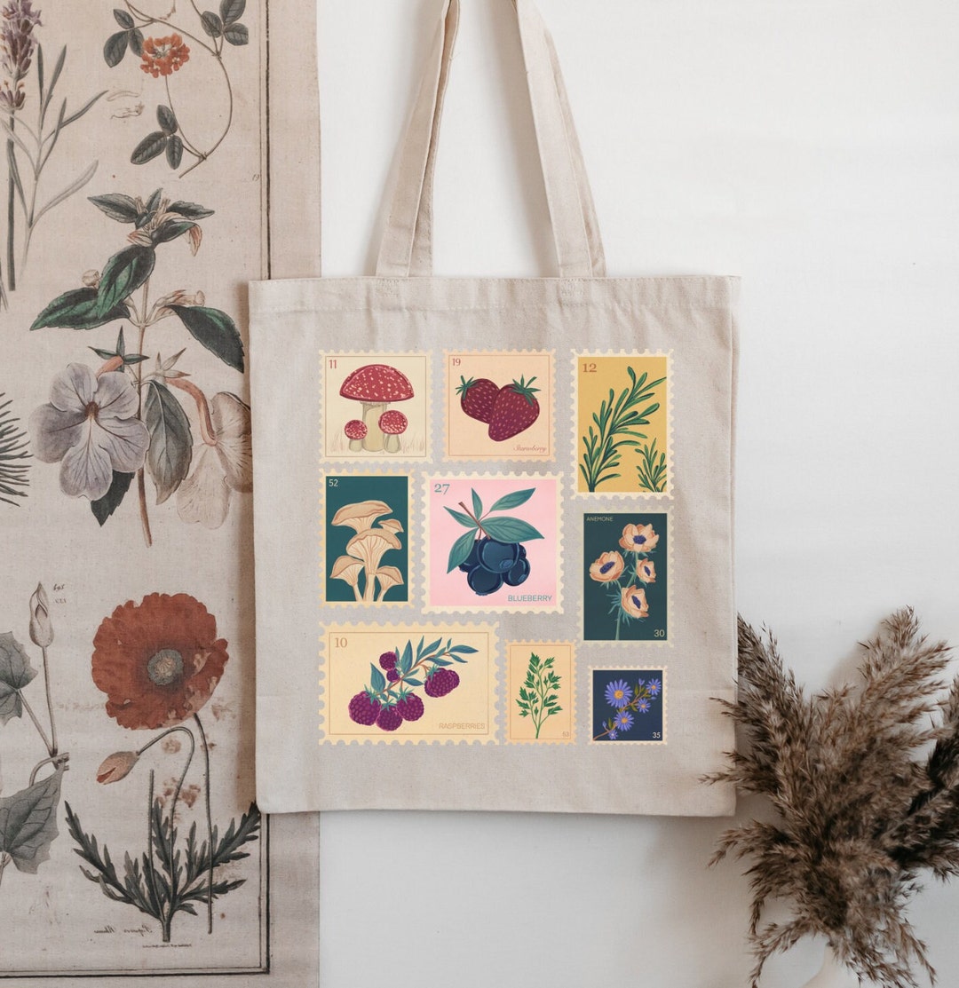 Vintage Plant Stamp Flower Stamp Berry Stamp Tote Bag Granola Girl Gift ...