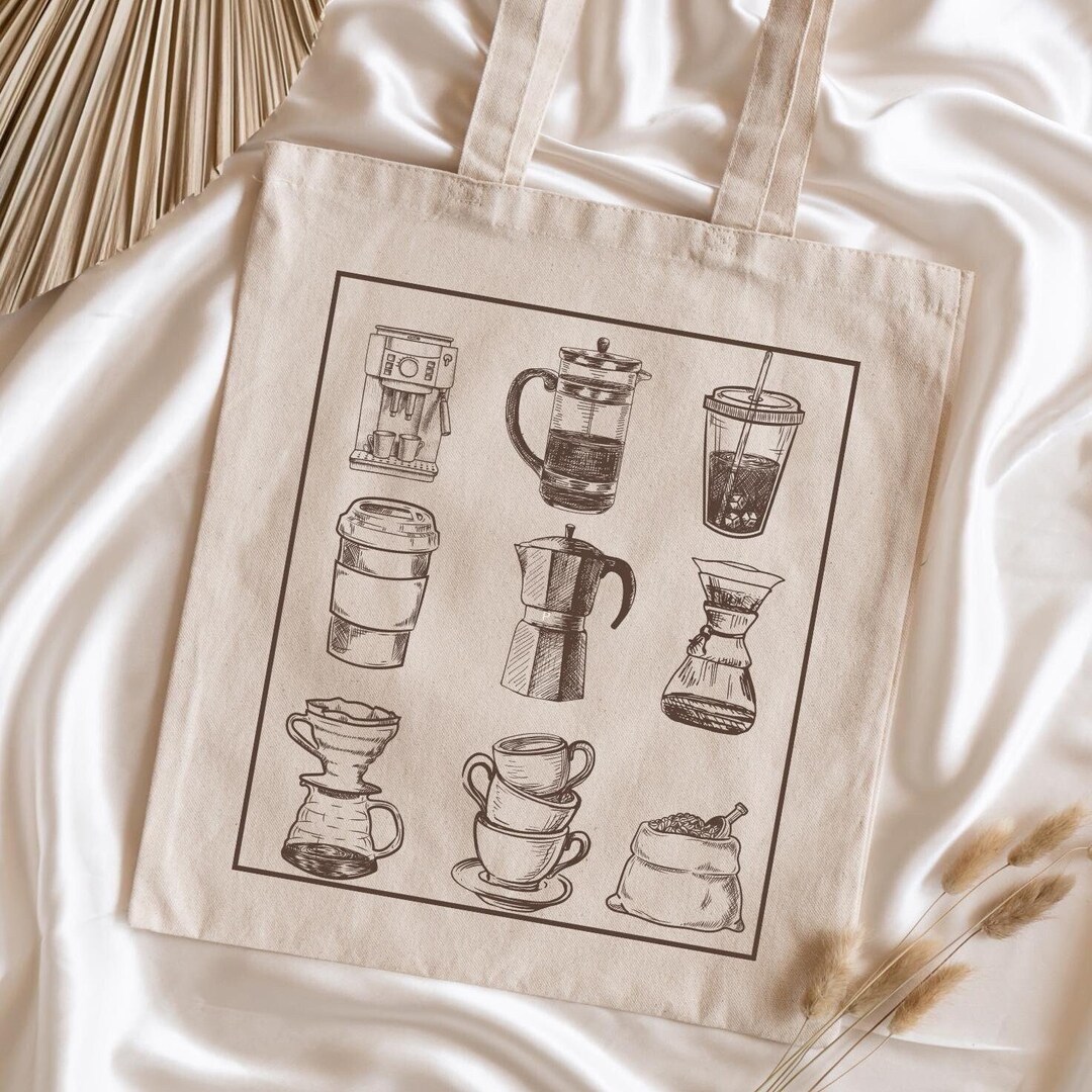 Vintage Style Coffee Tote Barista Gift Dark Brown Coffee Drawing Coffee ...