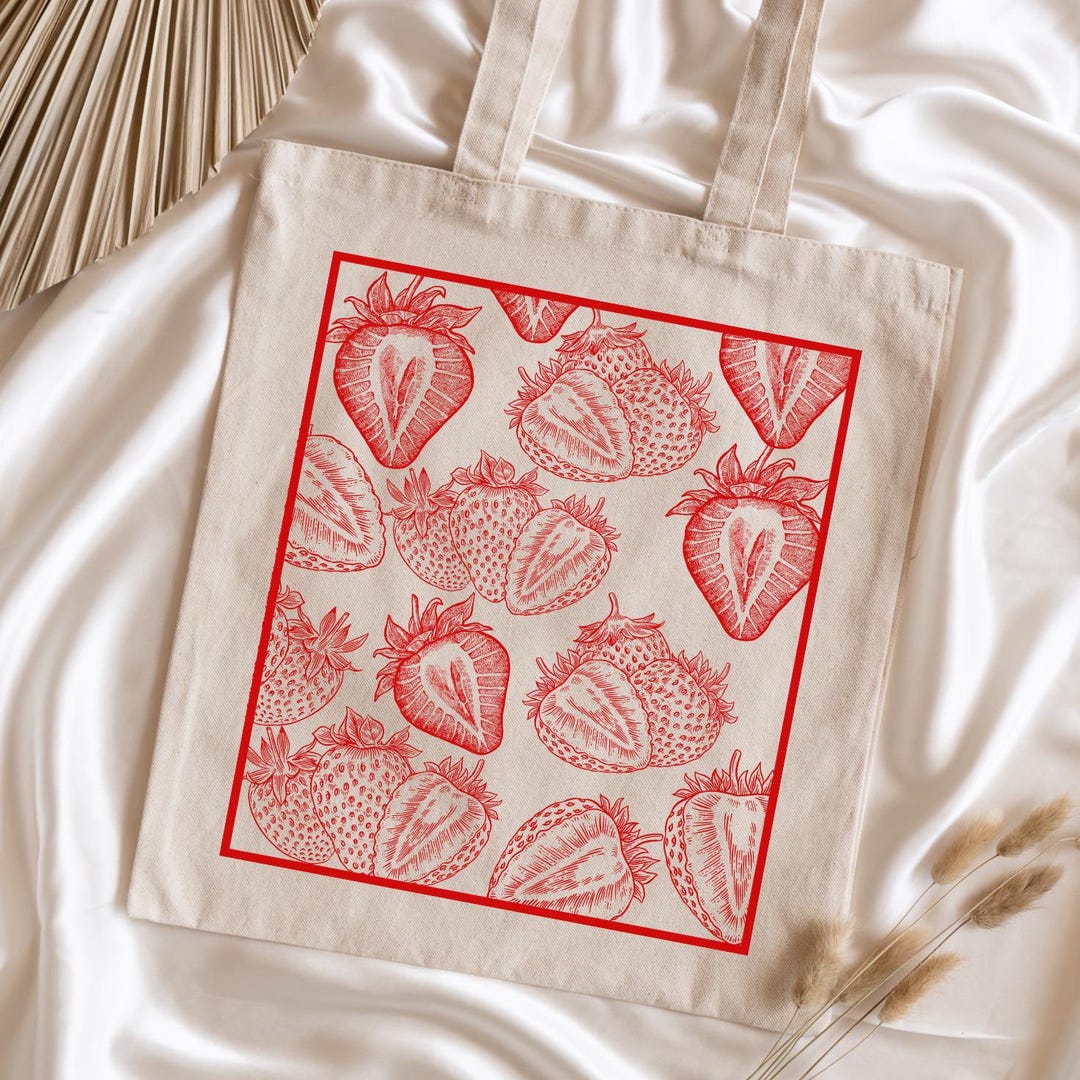 Strawberry Line Drawing Tote Bag Fruit Tote Beach Bag Aesthetic ...