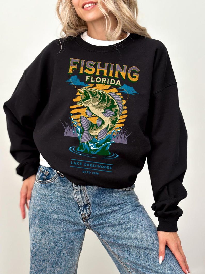 Vintage Style Fishing Sweatshirt Unisex Big Mouth Bass Crewneck Florida ...