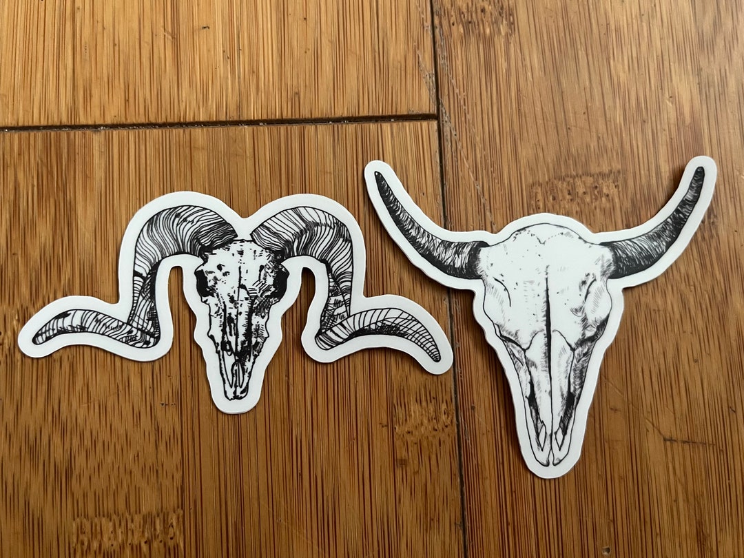 Bison & Ram Skull Sticker Western Set of Two Line Drawing Gift for ...