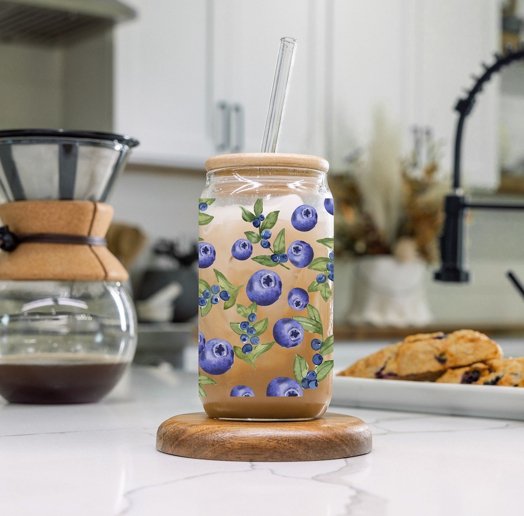 Blueberry Glass Cup Watercolor Blueberry Italian Coffee Mug Iced Coffee ...