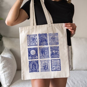 Blue Vintage Stamp Tote Bag Vintage Art Bag History Lover Gift for ...