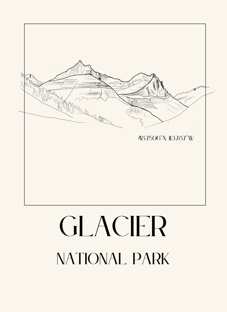 Glacier National Park Poster Simple Sketch Gift for Hiker Mom Fine Line ...