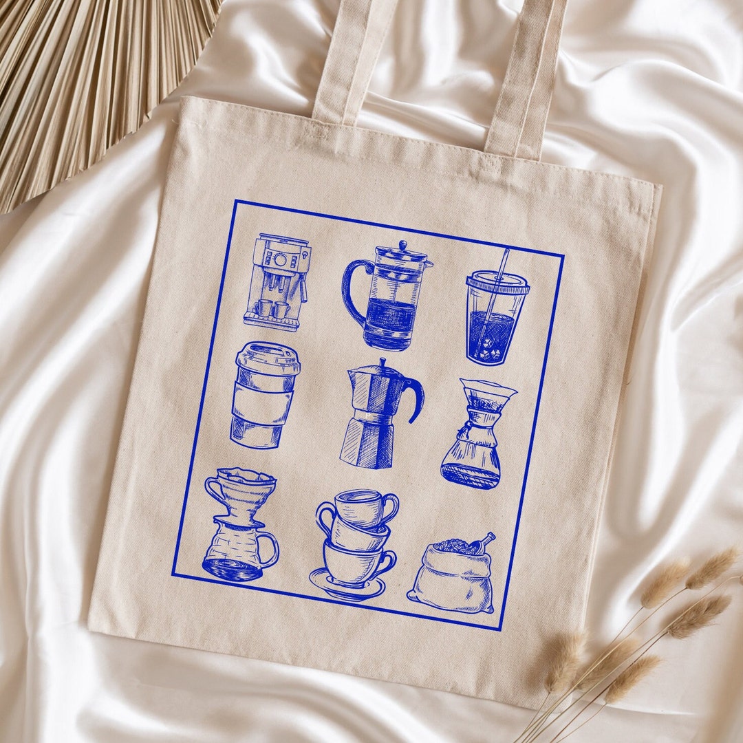 Vintage Style Coffee Tote Barista Gift Blue Line Coffee Drawing Coffee ...