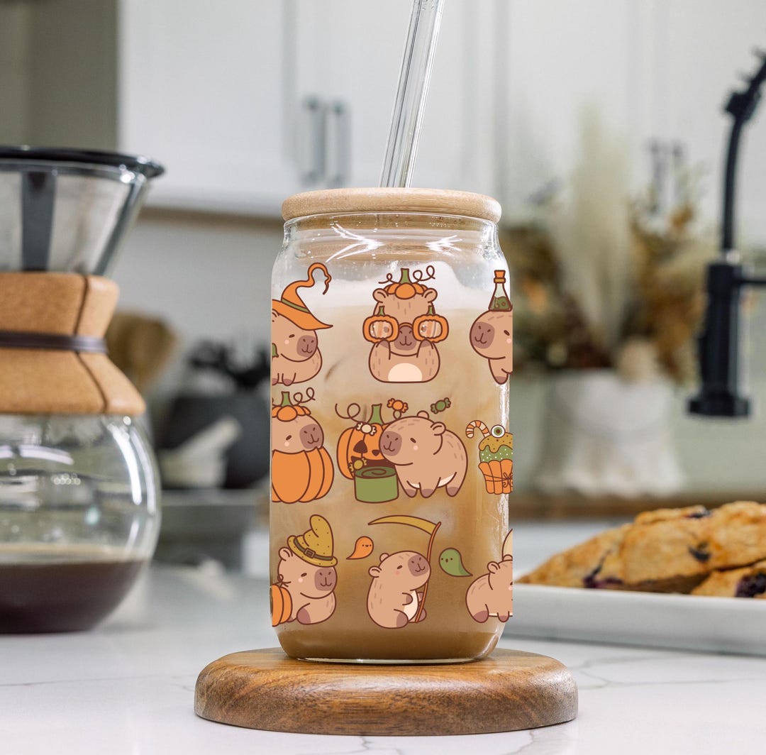Capybara Fall Iced Coffee Glass Tumbler Capy Halloween Cute Capybara ...