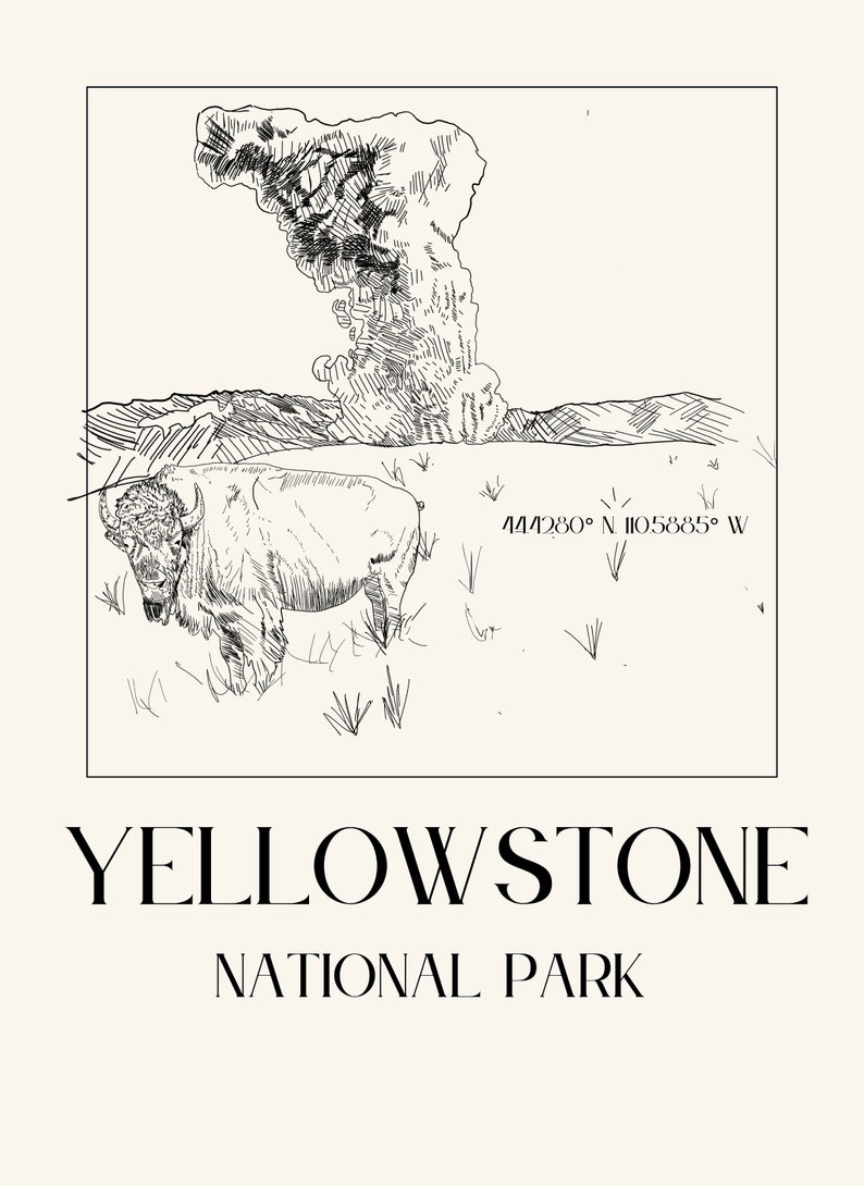 Yellowstone National Park Poster Simple Sketch Hand Drawn Gift for Mom ...