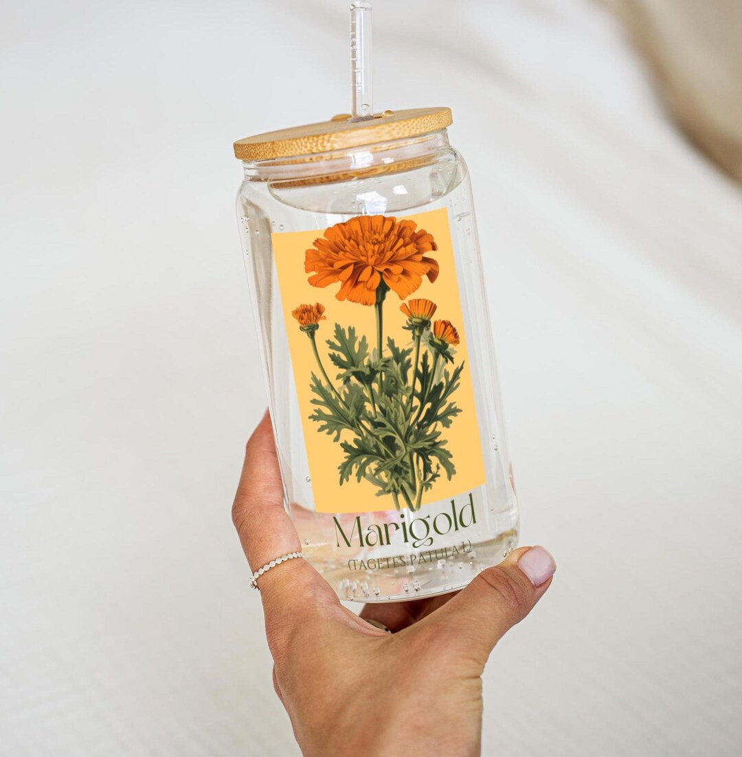Marigold Glass Cup October Birth Flower Gift Personalized Birth Flower ...