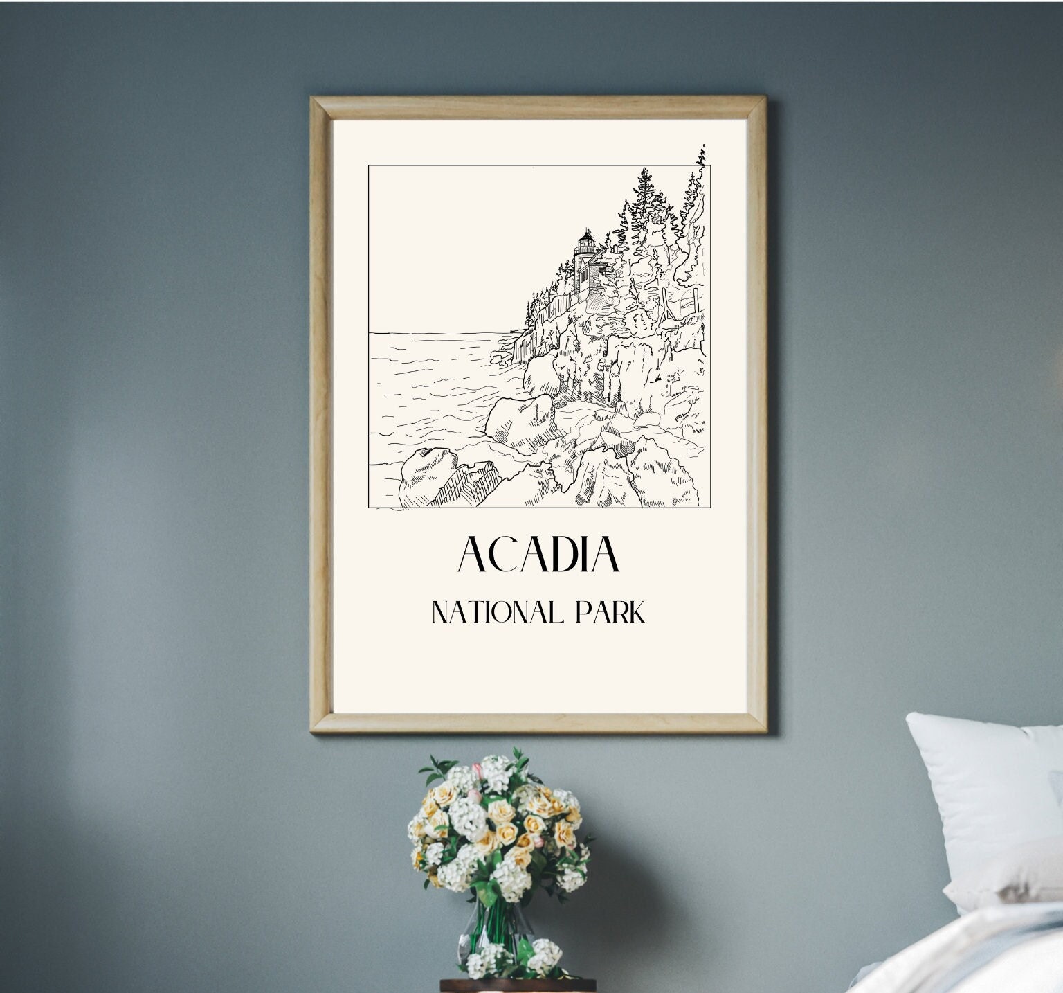 Acadia National Park Poster Hand Drawn Simple Outdoor Sketch Line Wall ...