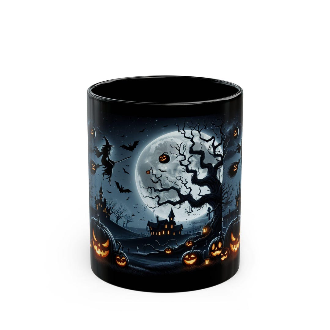 Creepy Full Moon Mug Black Ceramic With Witch and Haunted House Art - Etsy
