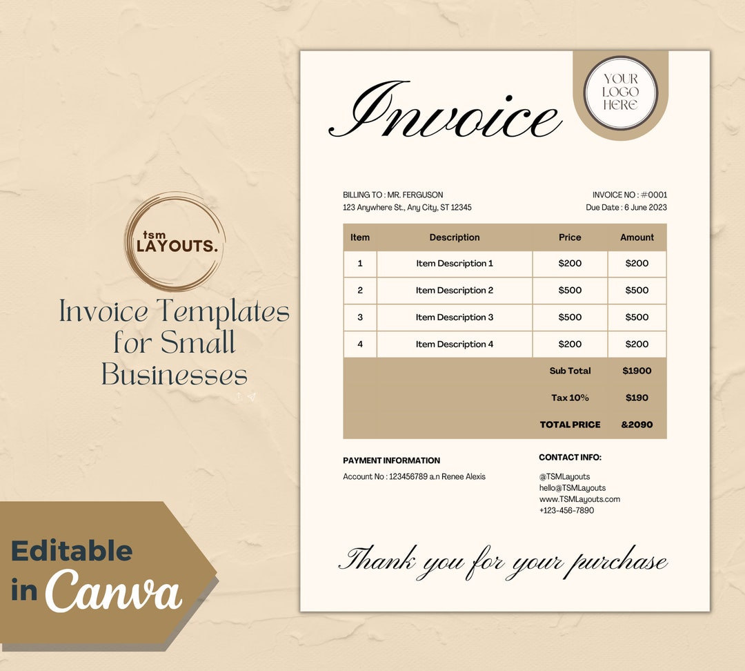 Editable Invoice Template for Small Businesses, Instant Download ...