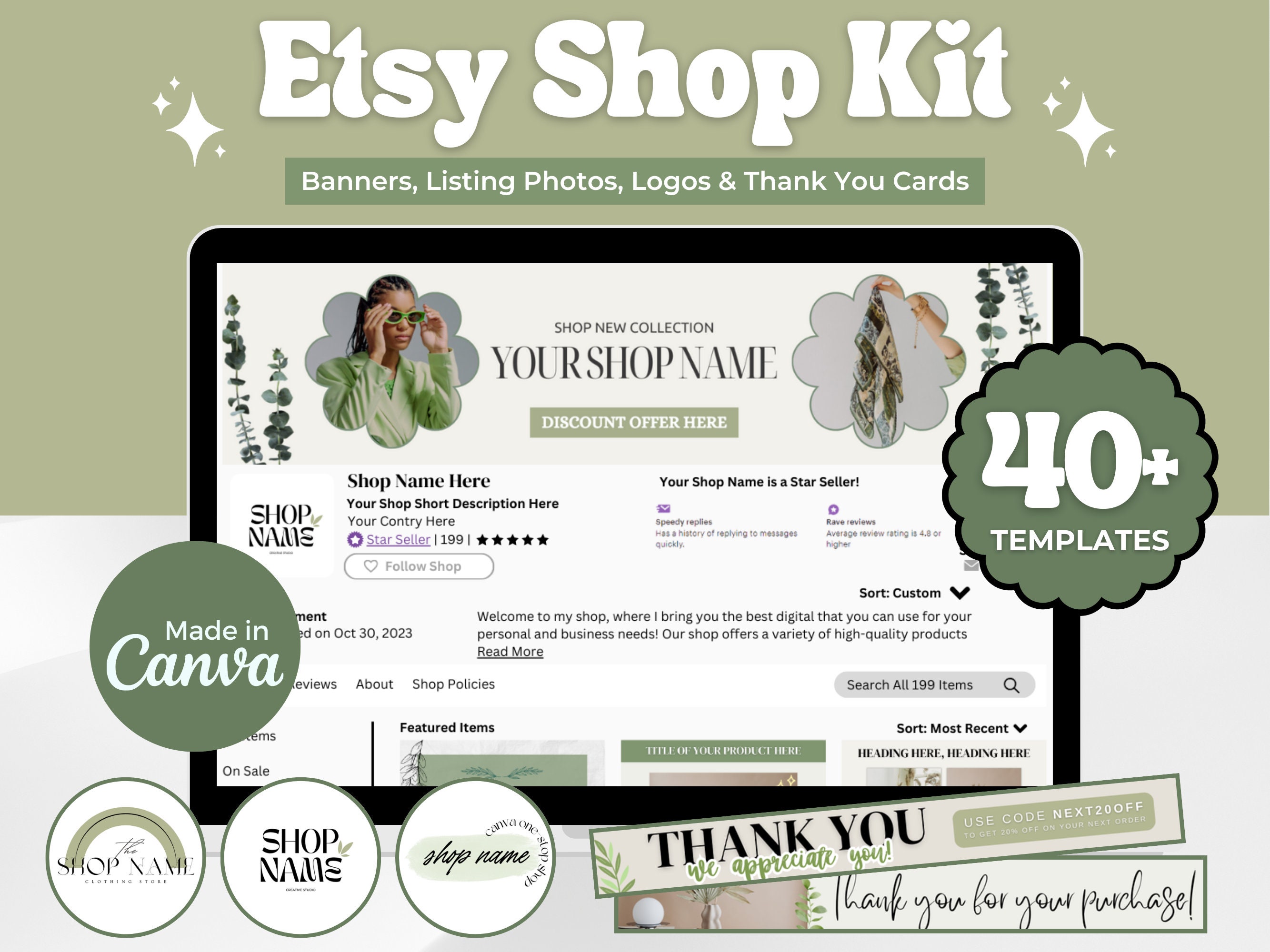 Etsy Banner Templates Editable in Canva Green Etsy Shop Banner Mockup ...
