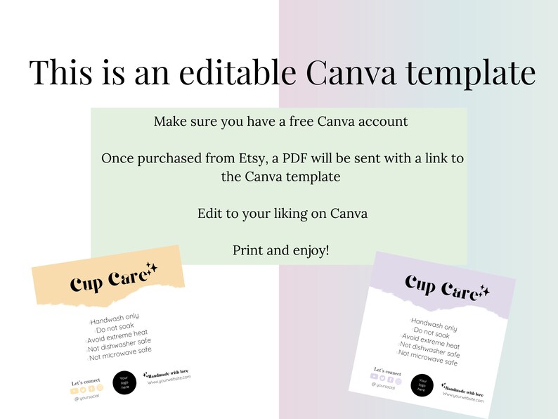 Cup Care Card Template, Canva Template for Cup Instructions, Washing ...