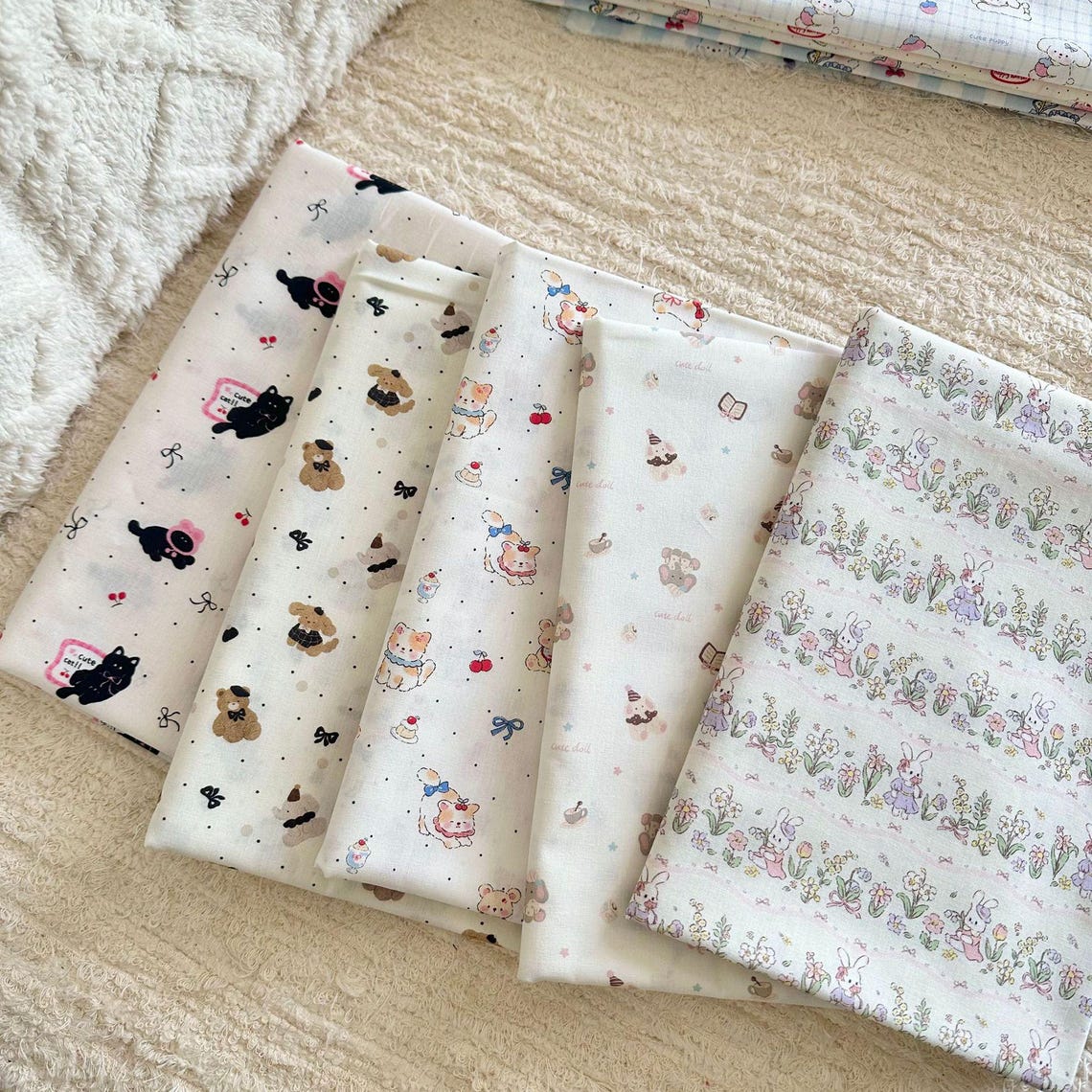 Cute Little Puppy Dogs Cotton Fabric, Cute Kitten Poplin Cotton Fabric ...