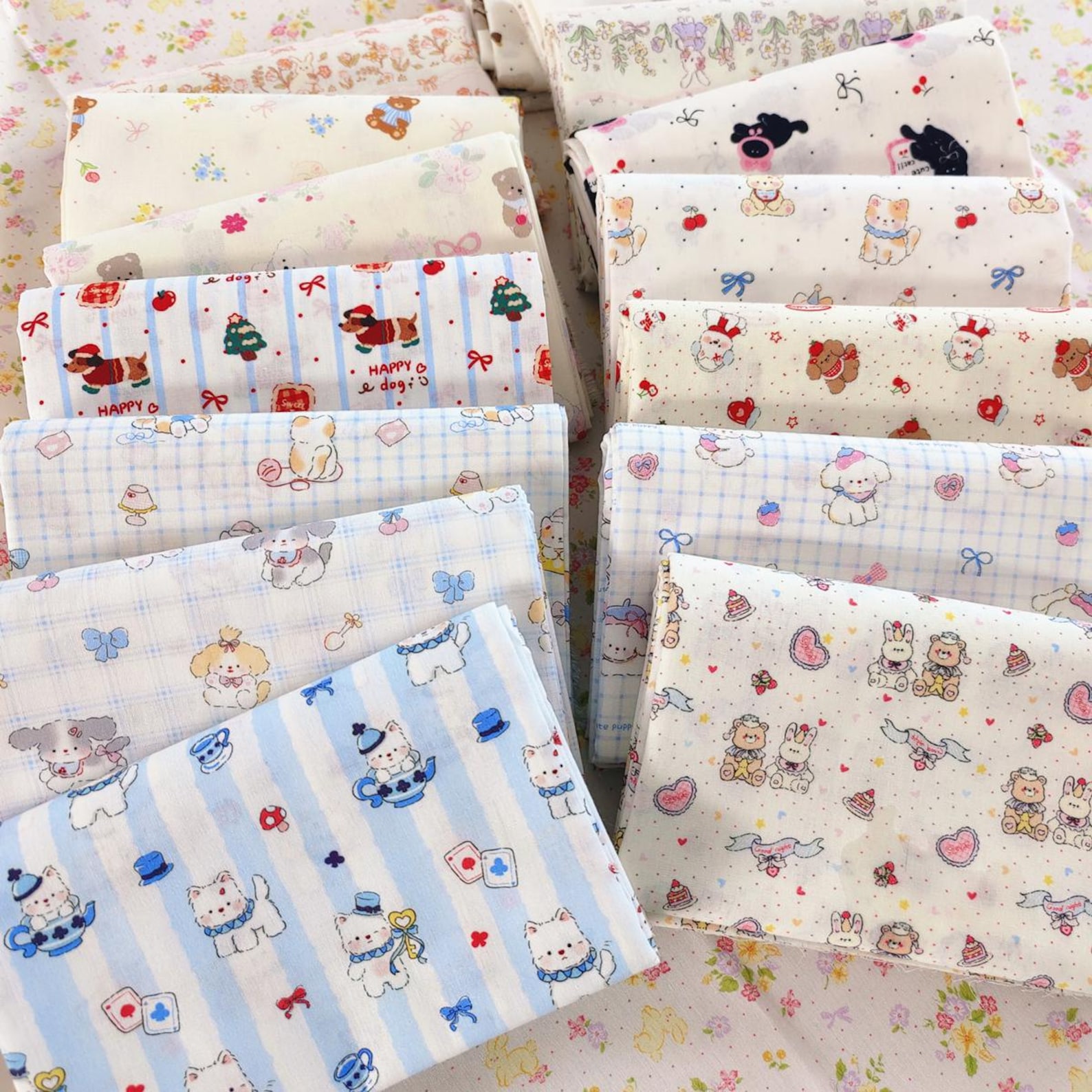 Cute Little Puppy Dogs Cotton Fabric, Cute Kitten Poplin Cotton Fabric ...