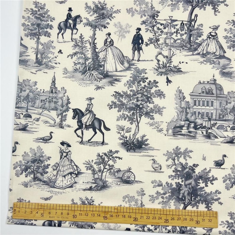 French Blaue Toile Fabric of Country Garden in Blue Cotton Fabric ...