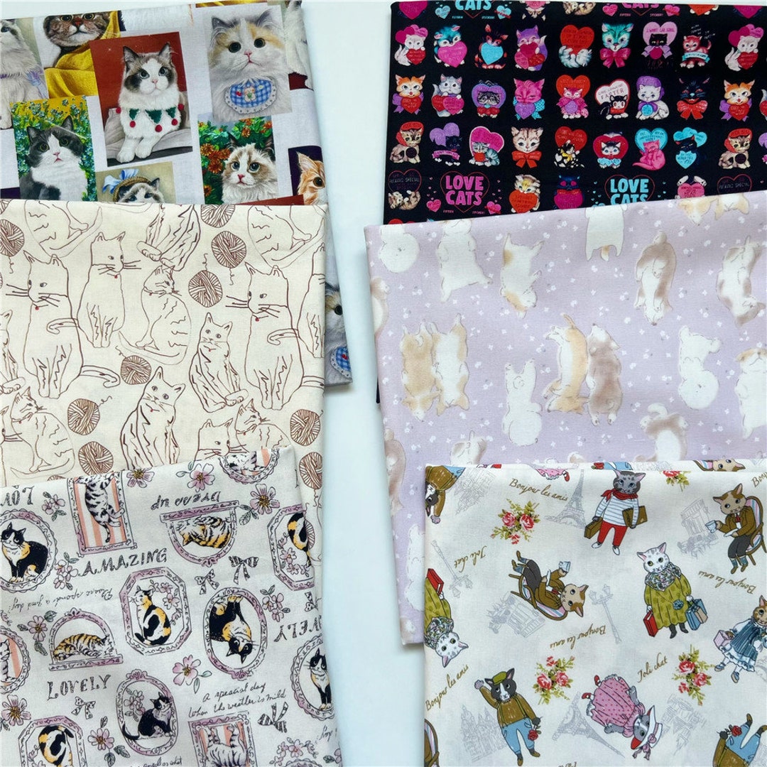 Vintage Kitten Fabric Cotton Fabric Needlework Cat Stamp Fabric Perfect ...