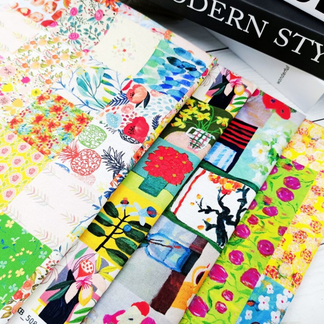 100% Cotton Oil Painting Flower Pattern Fabric Grid Flower Paintings ...