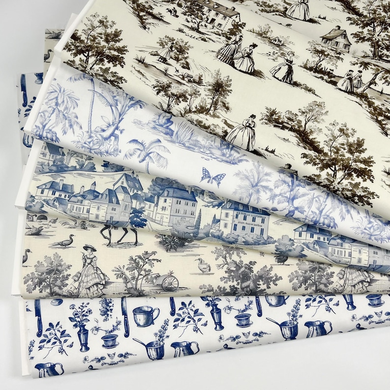 French Blaue Toile Fabric of Country Garden in Blue Cotton Fabric ...