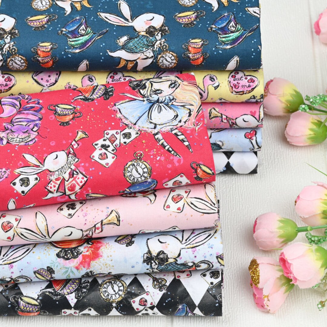 Alice Checker Fabric 100% Cotton Rabbit Fabric, Mad Hatter, White ...