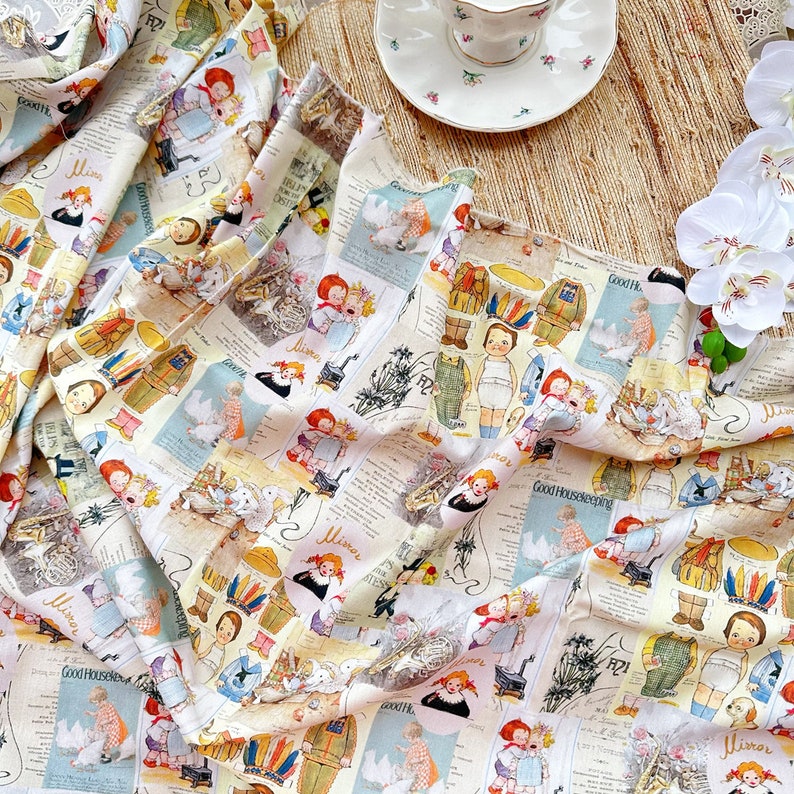 100% Cotton Thin Poplin Fabric Vintage Newspaper Doll Girls Fabric/cute ...