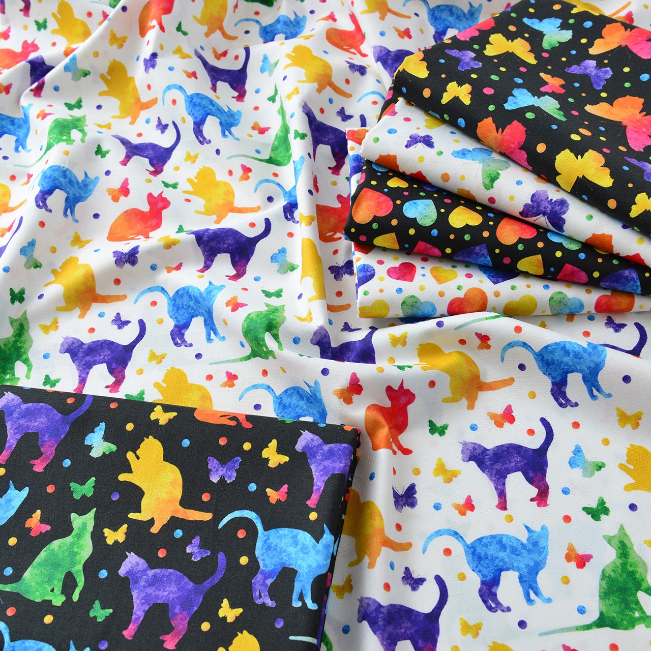 Cotton Cat Fabric Rainbow Cats Rainbow Patterned Bright Cats, Colorful ...