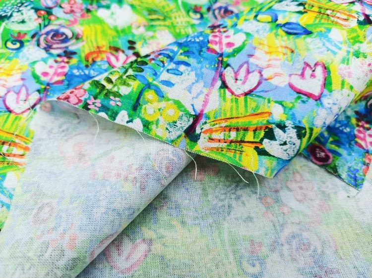 Lovely Oil Painting Flowers Floral Fabric 100% Cotton Fabric, Colorful ...