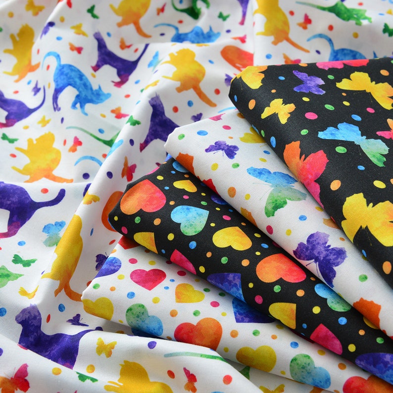 Cotton Cat Fabric - Rainbow Cats Rainbow Patterned Bright Cats ...