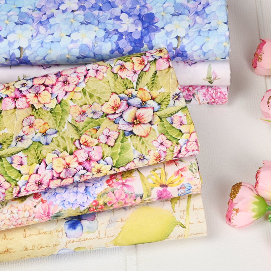 Vintage Floral Fabric 100% Cotton Fabric, Watercolor Hydrangea Fabric ...