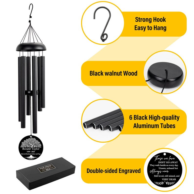 Personalized Memorial Wind Chime 32‘’, Engraved Name & Dates, Loss of ...