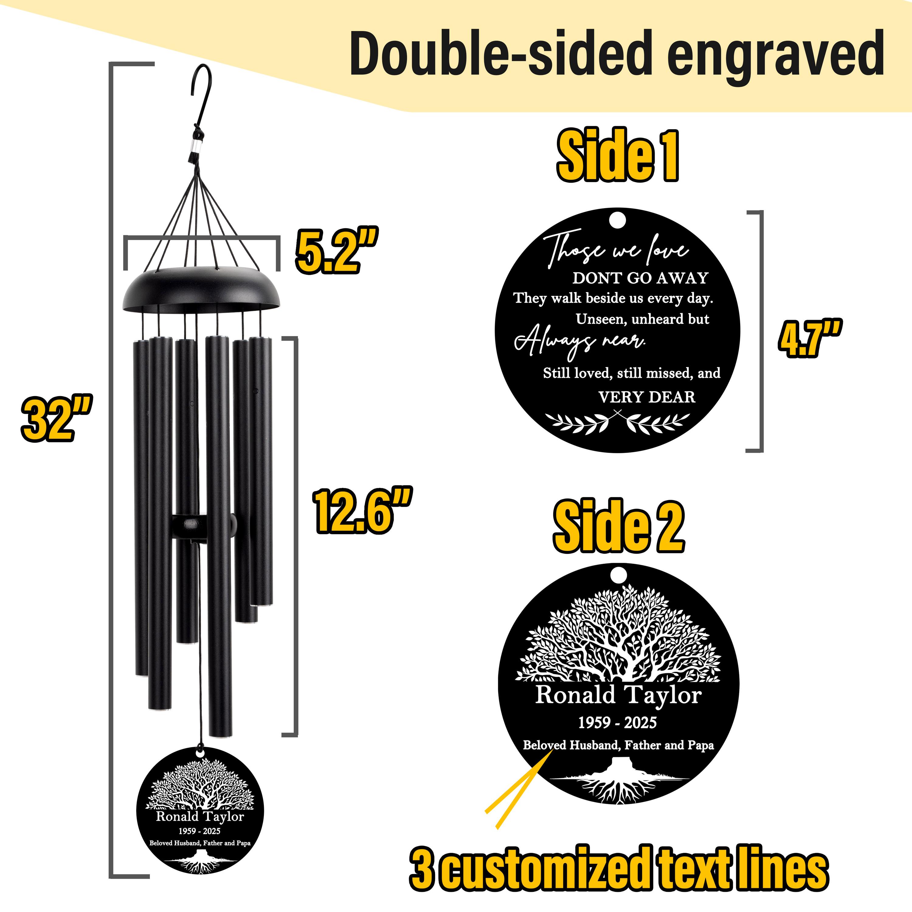 Personalized Memorial Wind Chime 32‘’, Engraved Name & Dates, Loss of ...