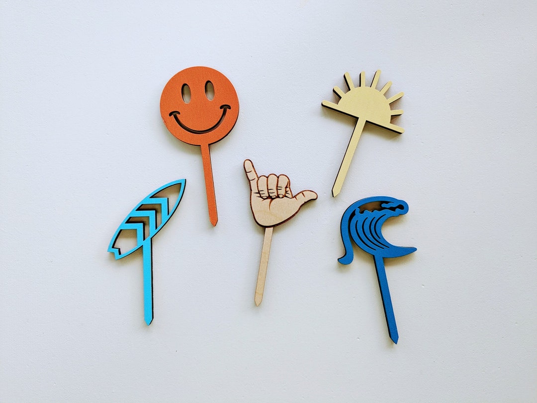 Surf Cupcake Toppers - Beach Party Decor - Wave & Sun Smiley Tops ...