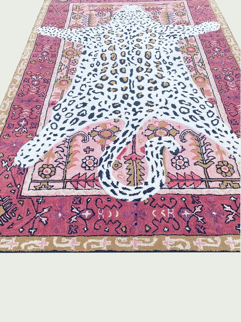 Hand Tufted Pink Purple Octivia Leopard Area Rug Wool Area Rug White ...