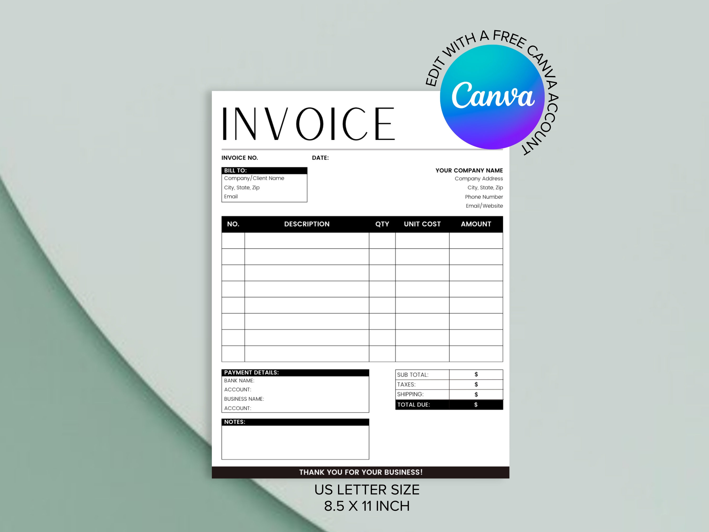Invoice Template Canva, Fillable Business Templates, Editable Invoice ...