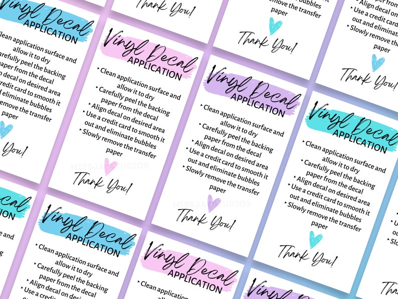 Vinyl Decal Application Card, Printable Vinyl Decal Care Card ...