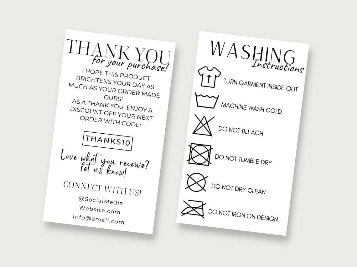 Editable Washing Instruction Template, Thank You Garment Care Card ...