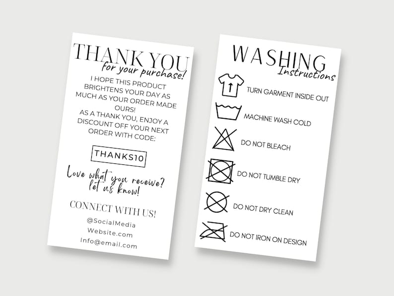 Editable Washing Instruction Template, Thank You Garment Care Card ...