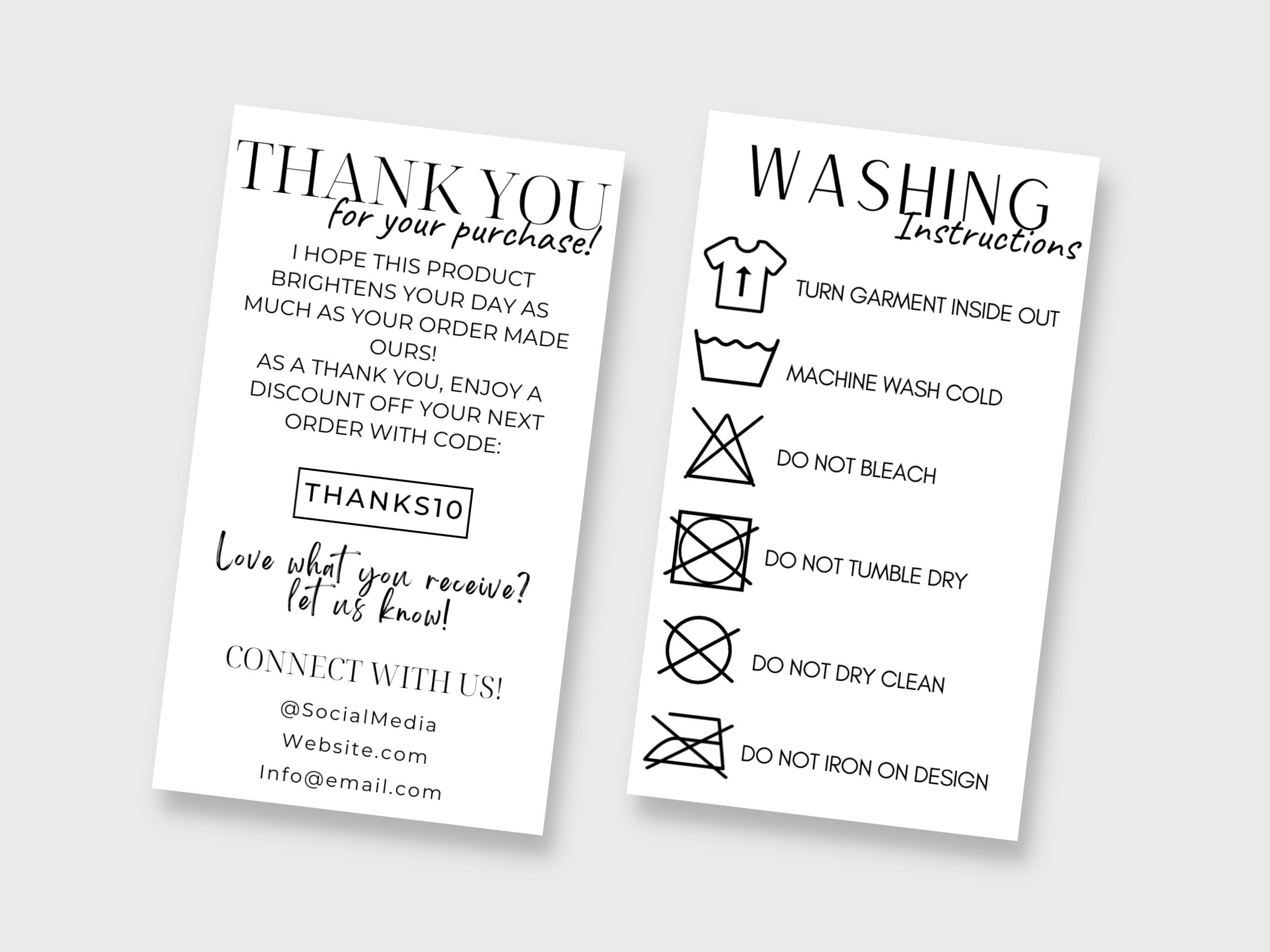 Editable Washing Instruction Template, Thank You Garment Care Card ...