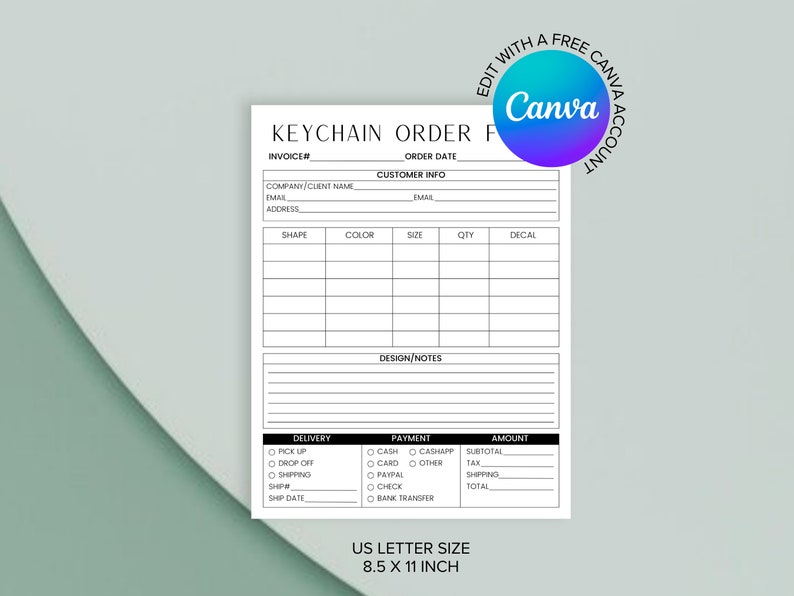 Editable Keychain Order Form, Canva Template Business Template, Order ...