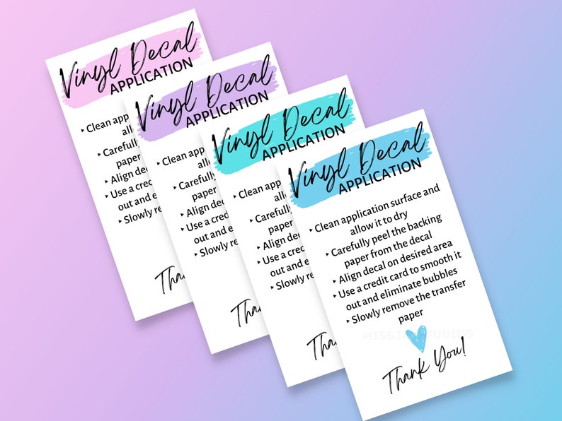 Vinyl Decal Application Card, Printable Vinyl Decal Care Card ...