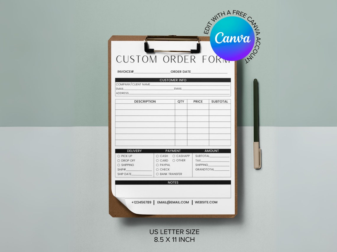 Custom Order Form Template, Editable Canva Fillable Form, Order Form ...