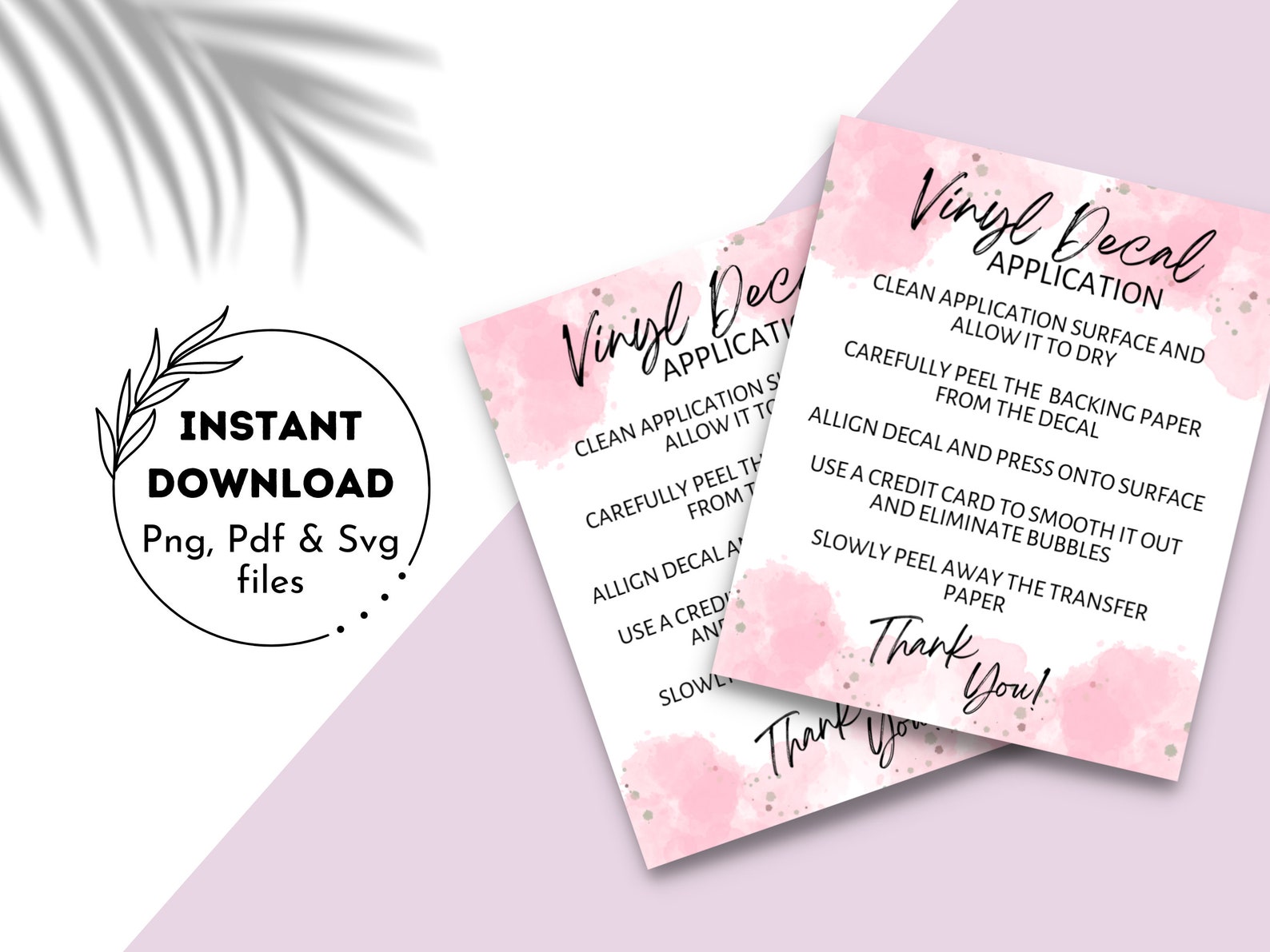 READY TO PRINT Vinyl Decal Application Card, Printable Cup Care Card ...