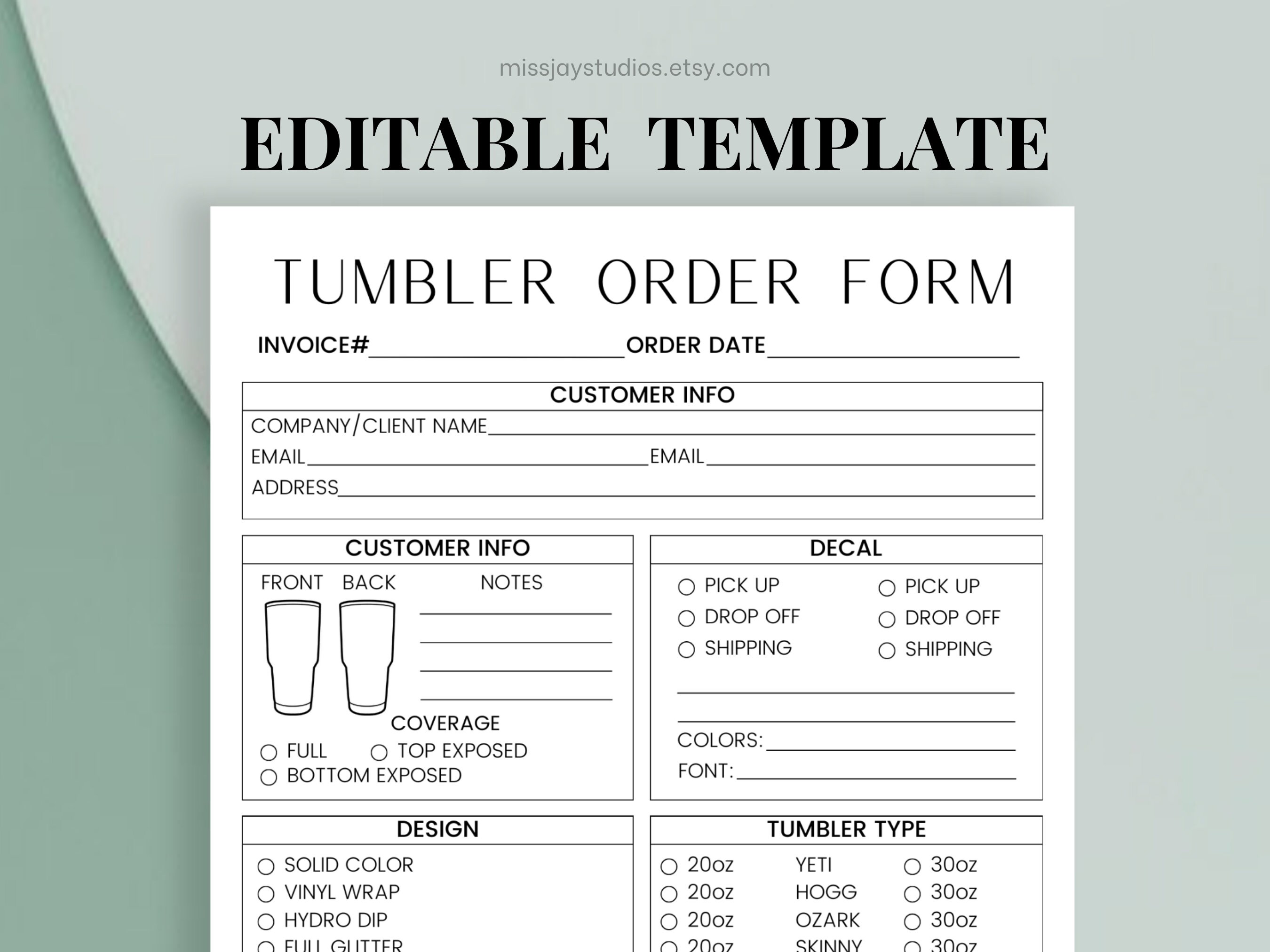 Editable Tumbler Order Form, Canva Template Business Template, Mug ...