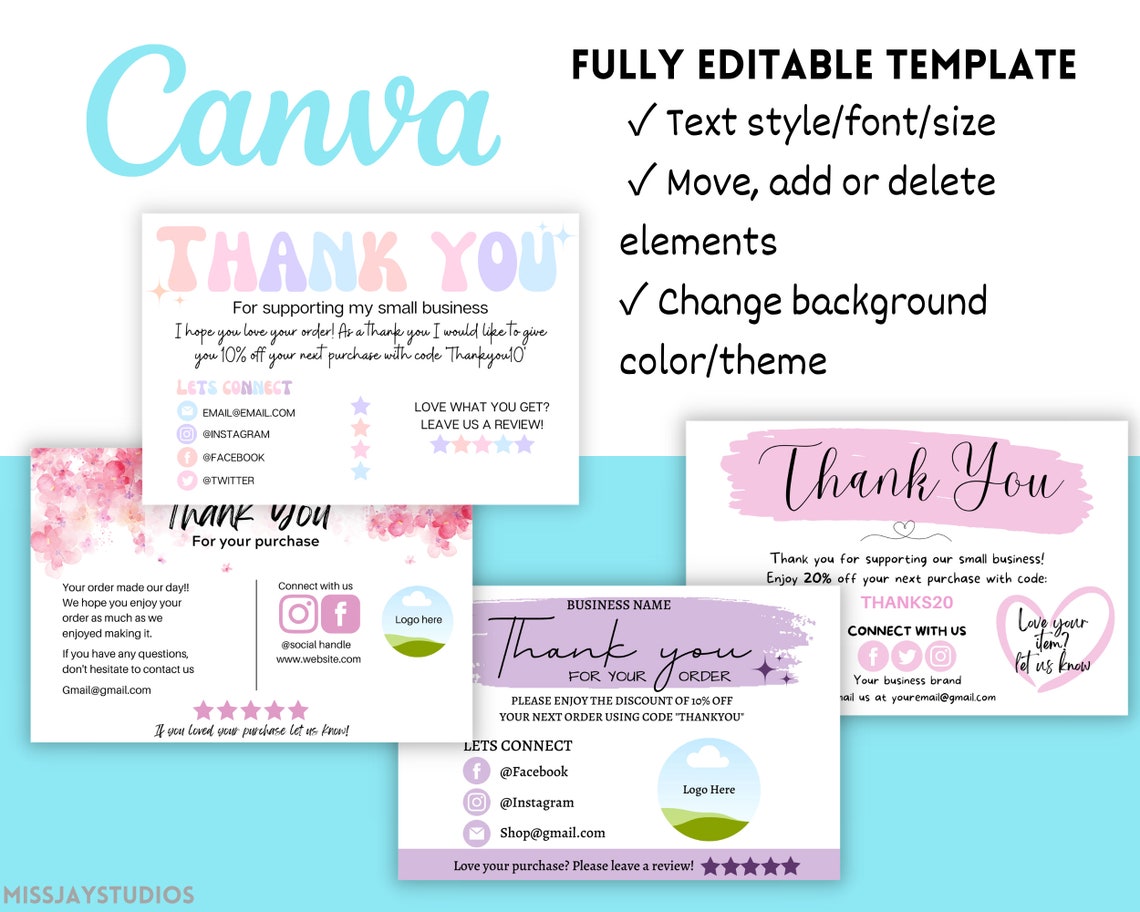 Small Business Thank You Cards, Editable Card Templates, Thank You for ...