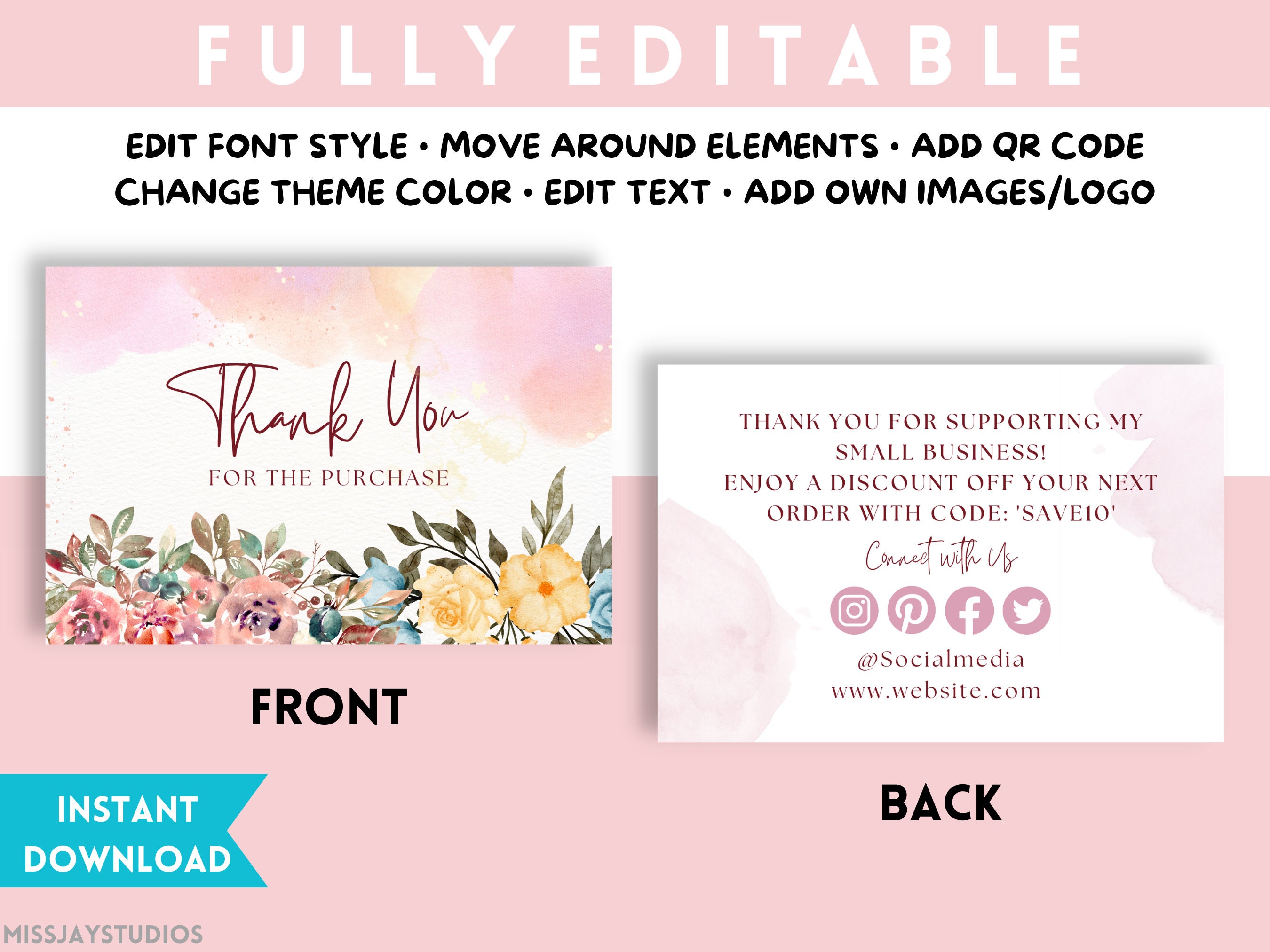Editable Business Thank You Note Template, Customer Printable Card ...